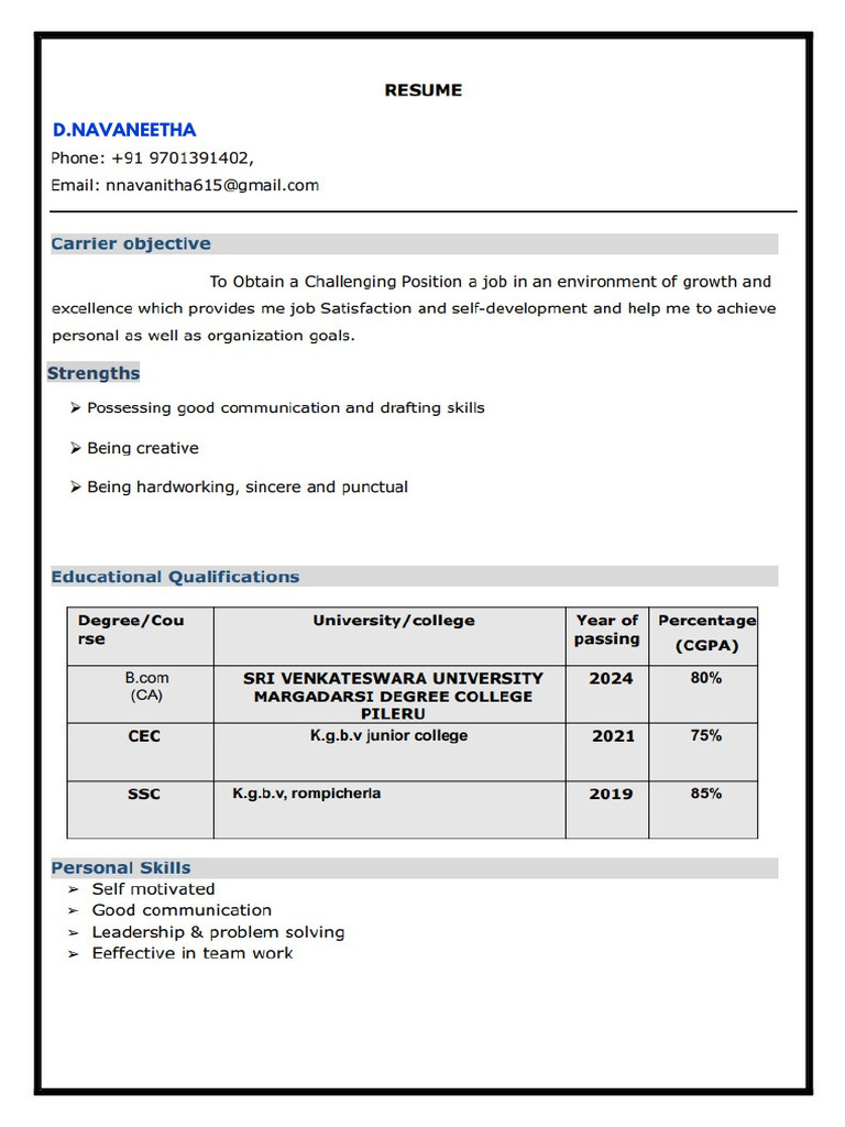 Navanitha Resume | PDF