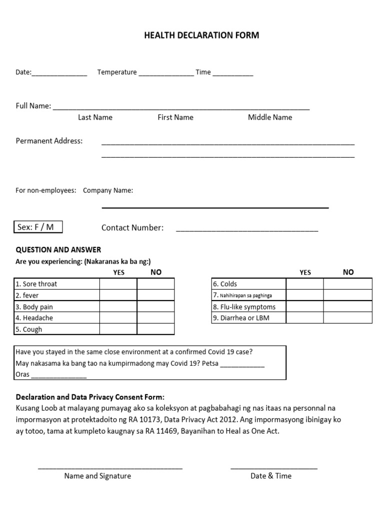 Health Declaration Form Template | PDF