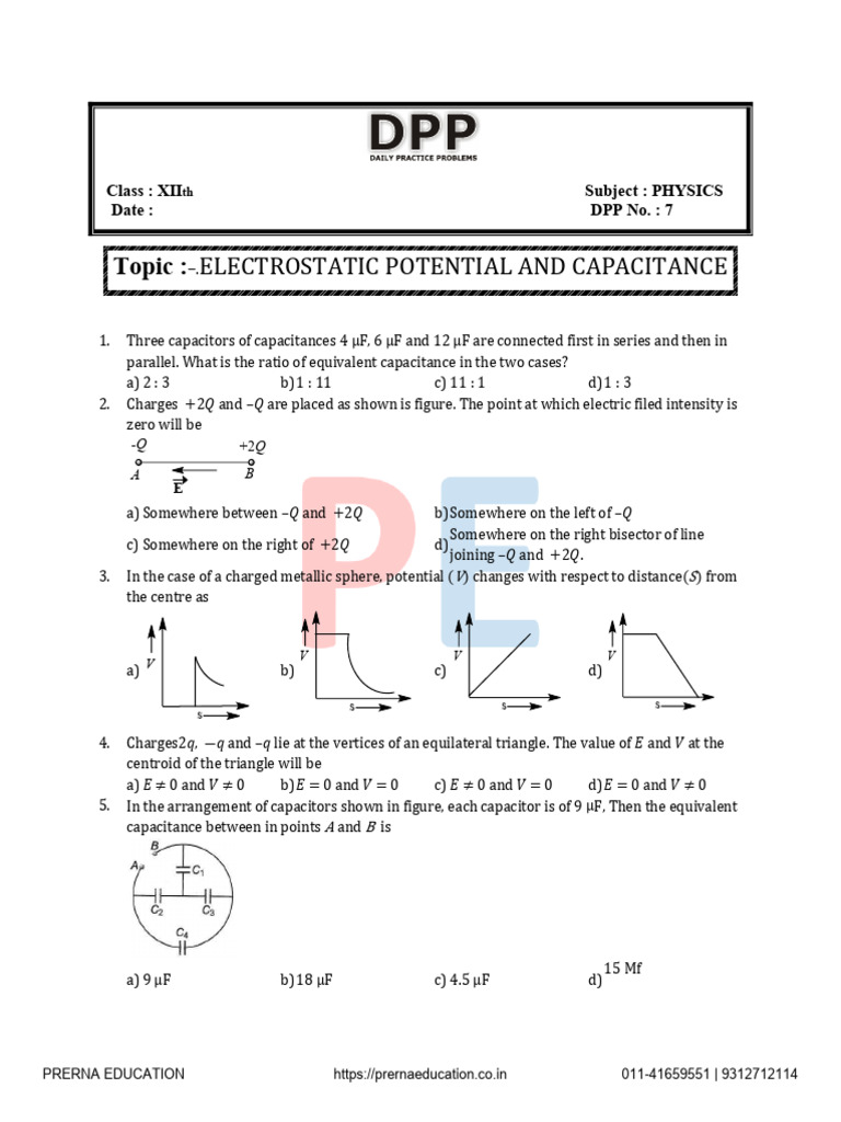 Electric Potential and Capacitance DPP 7 | PDF | Capacitor | Capacitance