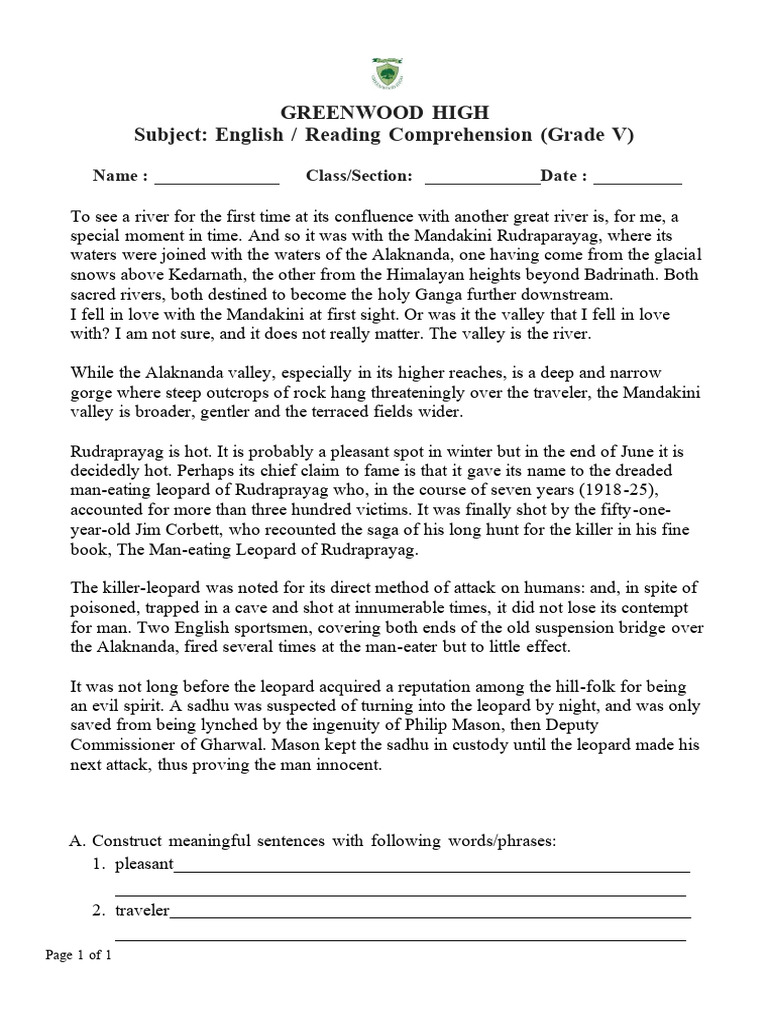 Grade V English Reading Comprehension | PDF