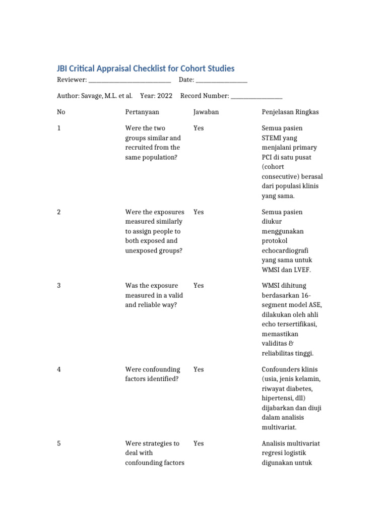 JBI Cohort Checklist Savage2022 | PDF | Heart | Cardiovascular System