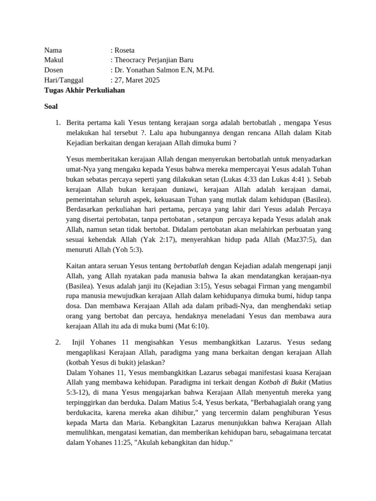 Roseta Teokrasi PB Tugas Akhir | PDF