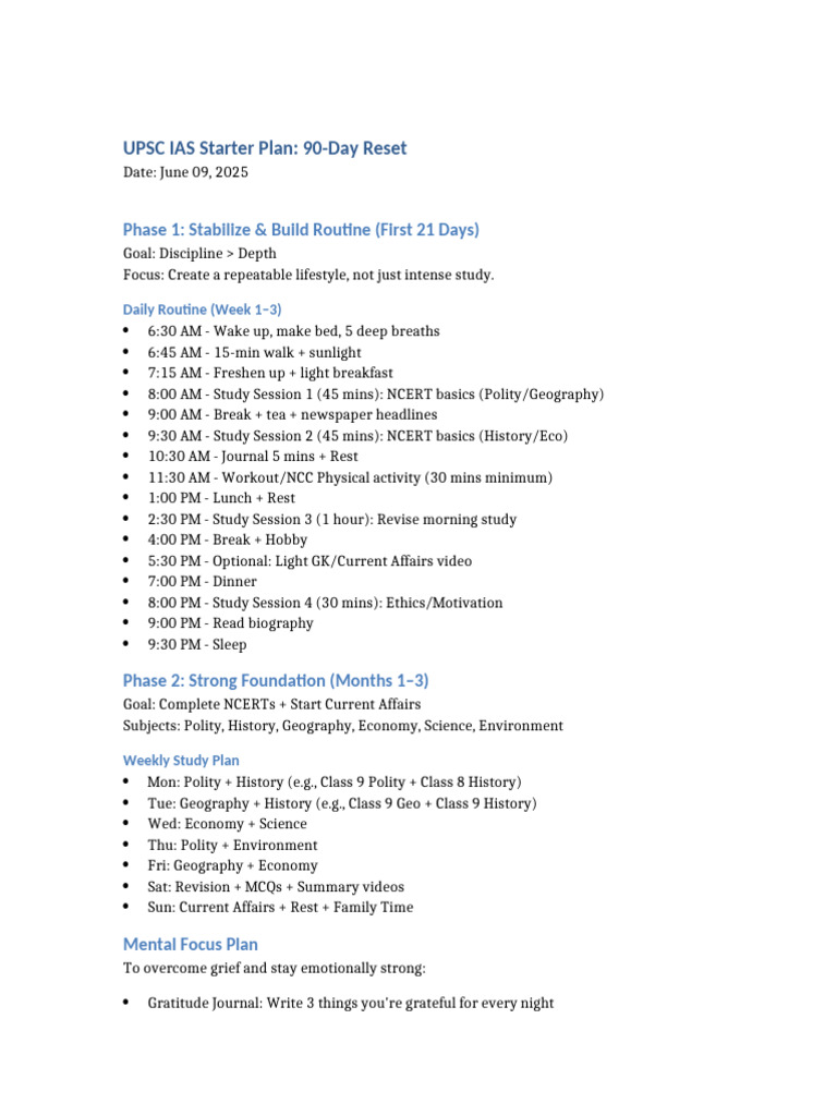 UPSC Starter Plan 90 Day Reset | PDF