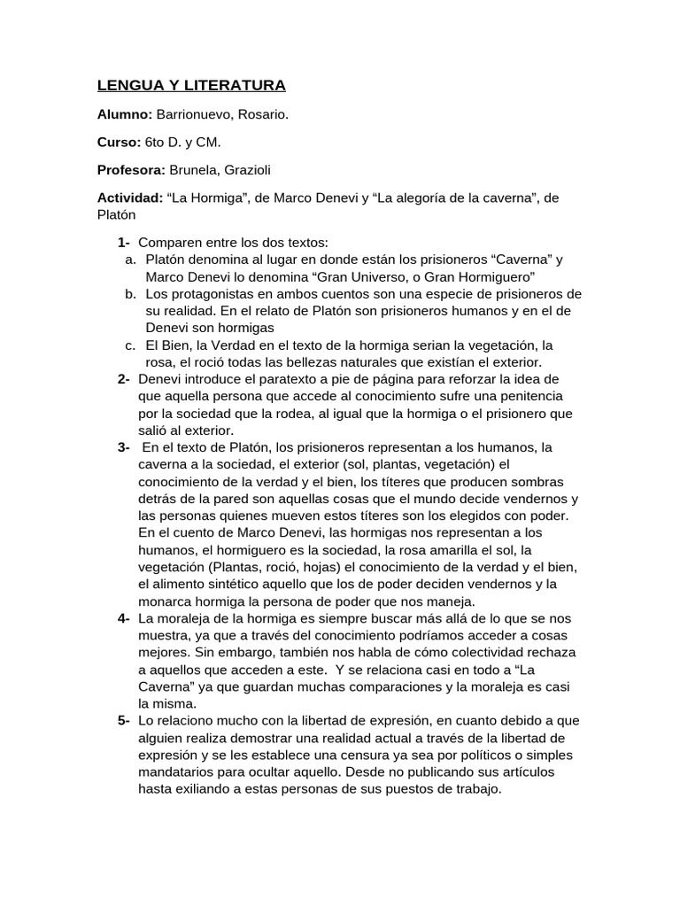 La Hormiga", de Marco Denevi y "La Alegoría de La Caverna", de Platón ...