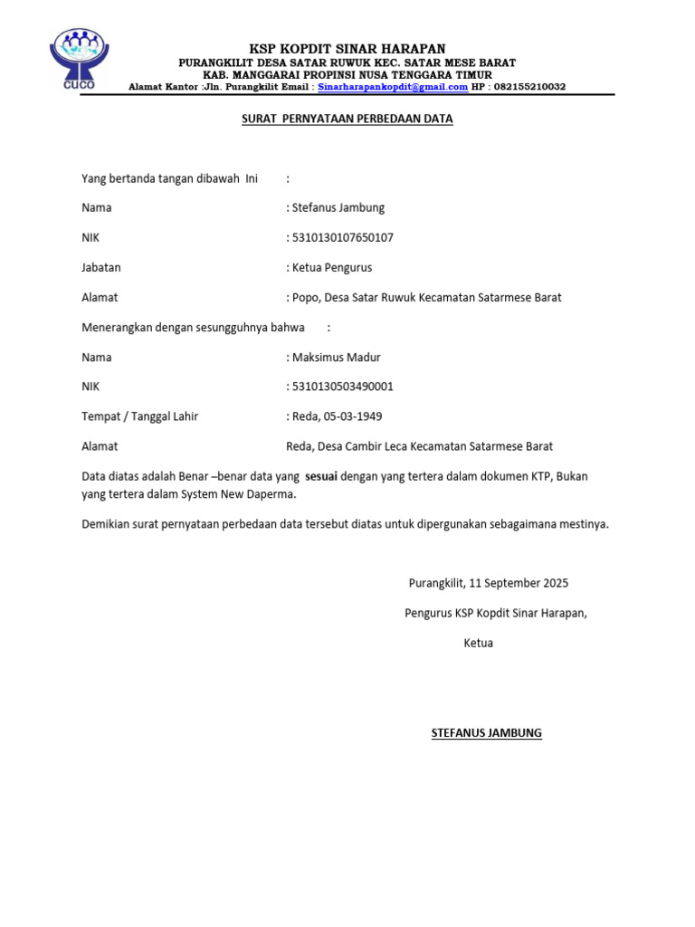Surat Pernyataan Perbedaan Data KSP Sinar Harapan | PDF
