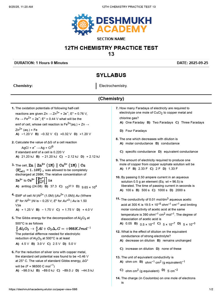 12th Grade Chemistry Practice Test | PDF | Chemistry | Physical Chemistry