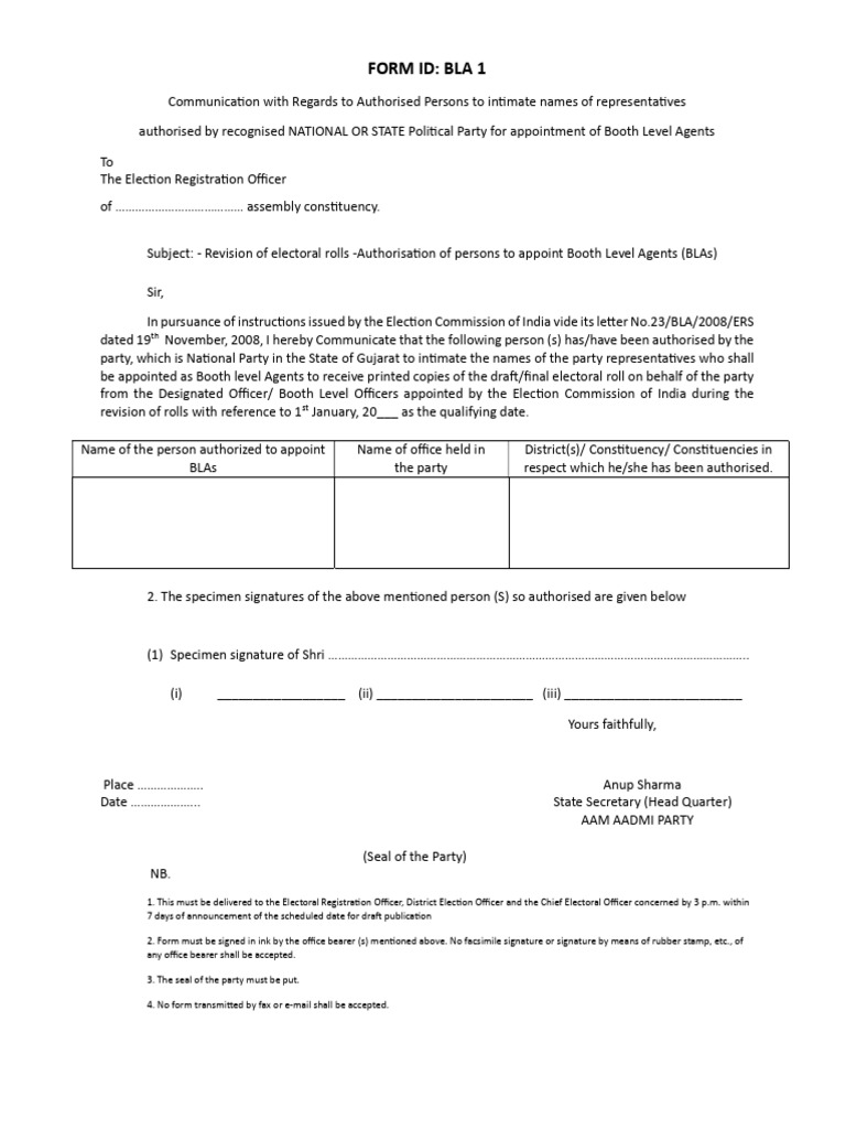 BLA 1 Form for Booth Level Agents | PDF