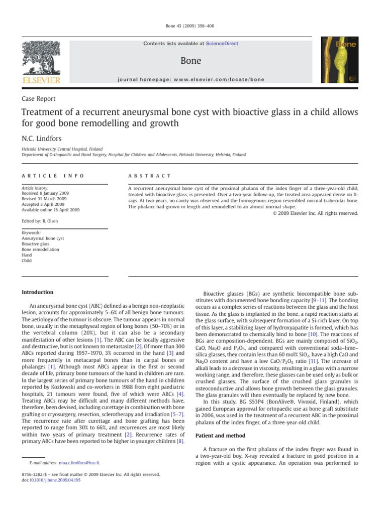 Treatment of A Reccurrent Aneurysmal Bone Cyst With Bioactive Glass in ...