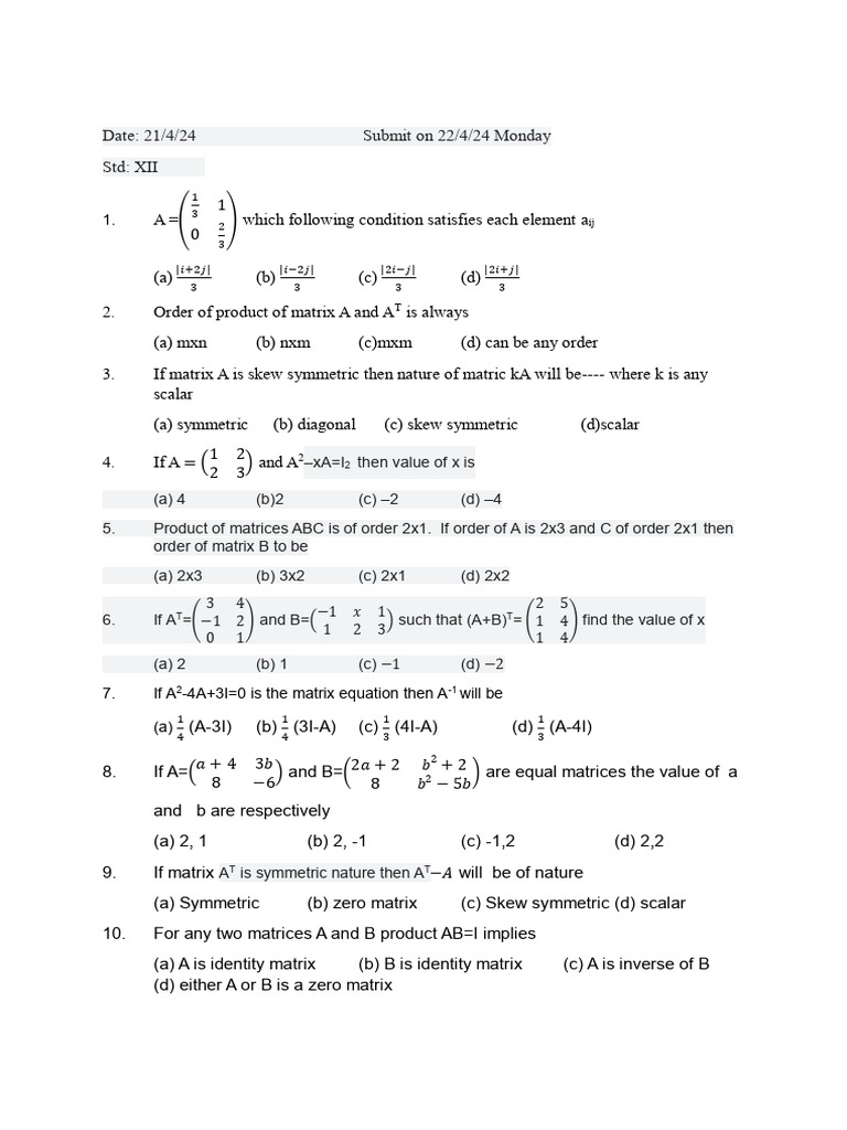 Mathematics Mcq 3 | PDF | Matrix (Mathematics) | Algebra