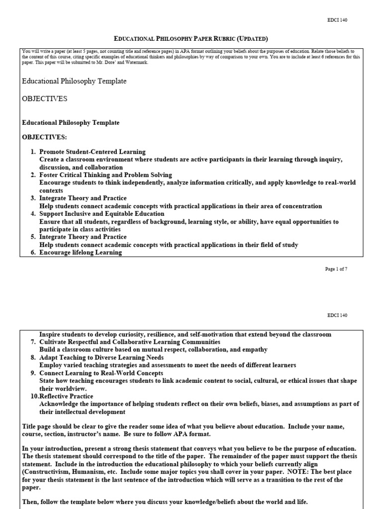 Teaching Philosophy Paper Rubric With Objectives | PDF | Philosophy Of ...