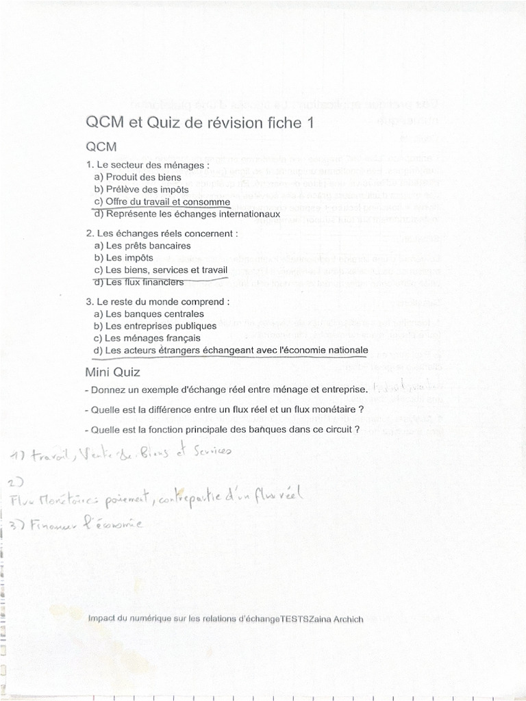 QCM Et Quiz de Révision Fiche 1 | PDF