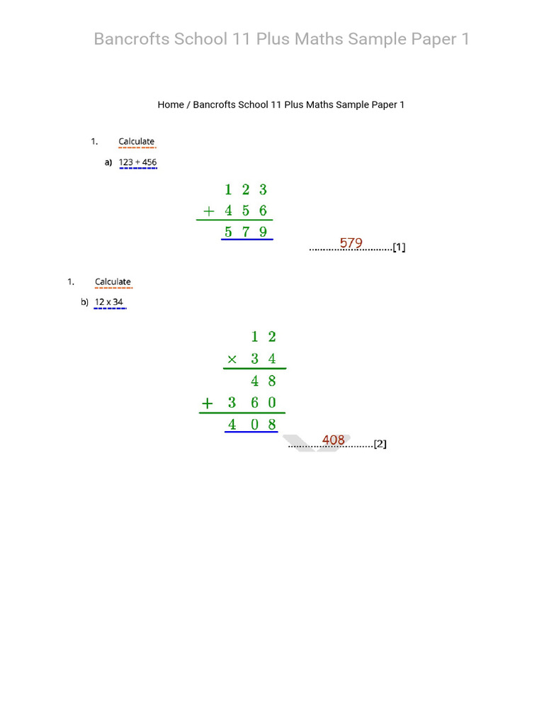 Bancrofts School 11 Plus Maths Sample Paper 1 - PiAcademy Tutors PDF | PDF