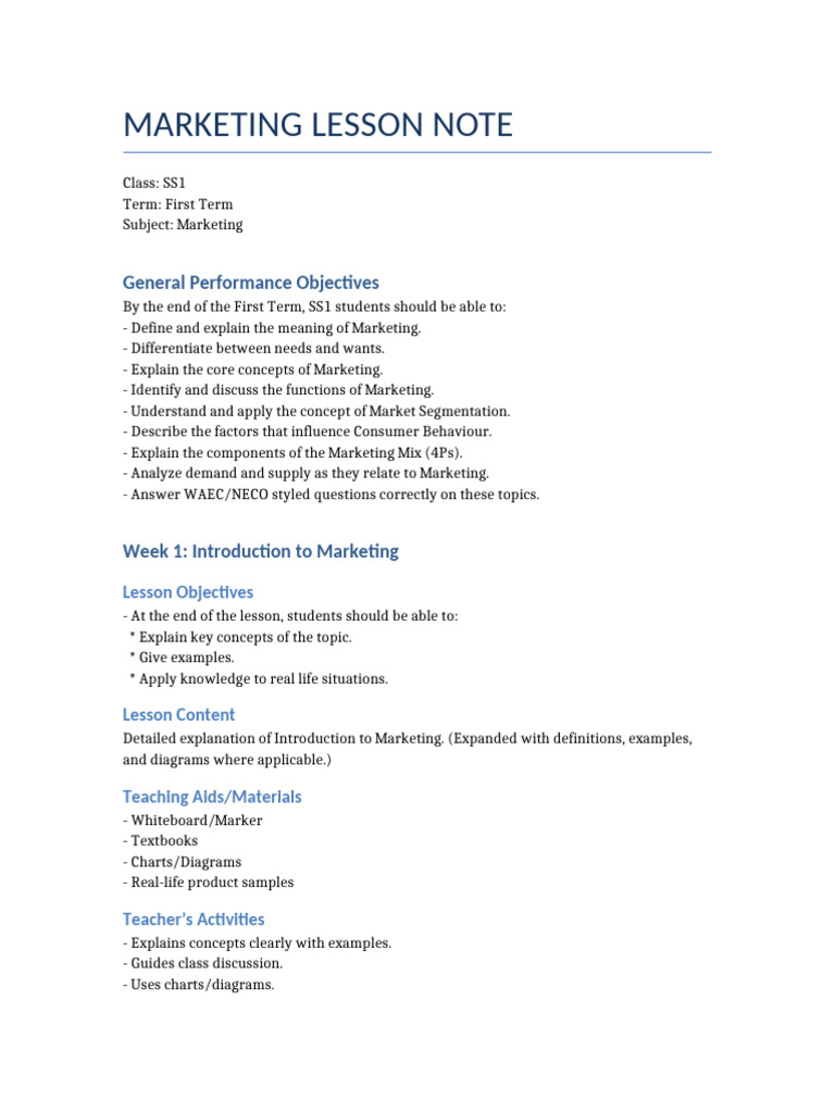 SS1 First Term Marketing Lesson Notes | PDF | Marketing | Teachers