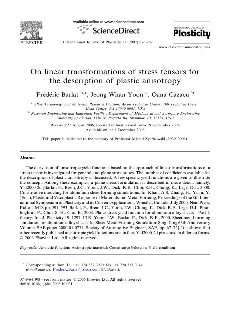 Barlat 2007 On Linear Transformations of Stress Tensors For The ...