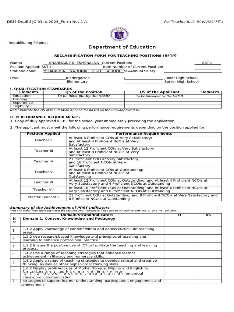 Reclassification Form For Teaching Positions (RFTP) | PDF | Educational ...