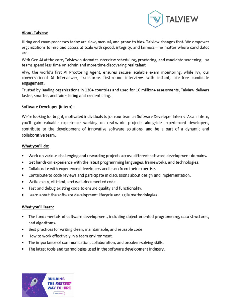 Talview Software Developer Internship | PDF | Software Development | Artificial Intelligence