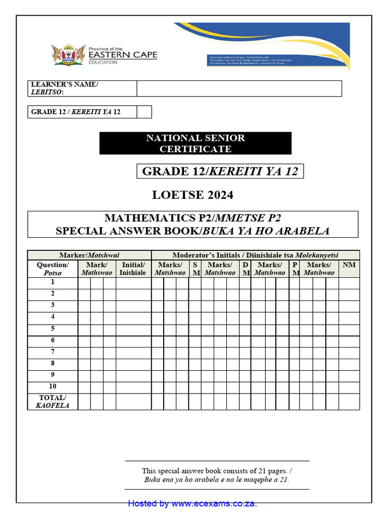 Maths p2 Answer Book Trial 2024 - Eng - Sesotho - Watermark | PDF ...