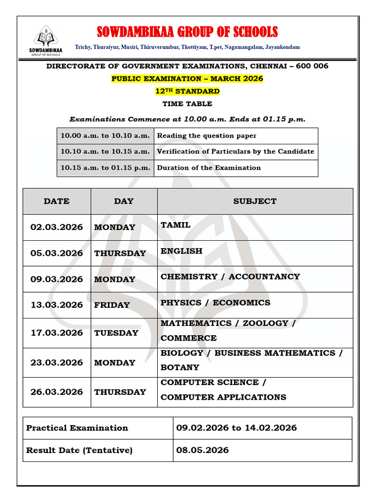 X & XII Public Examination Time Table 2026 | PDF