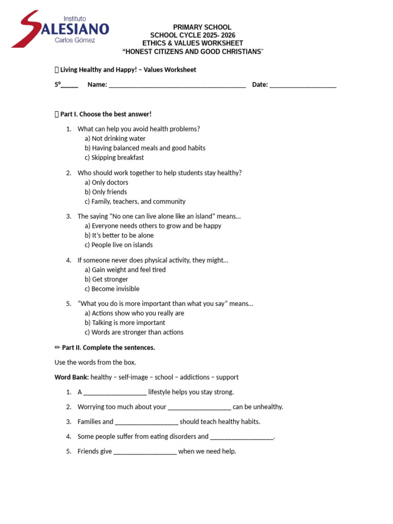 HSBMMF Living Healthy and Happy Ethics Worksheet 2 | PDF