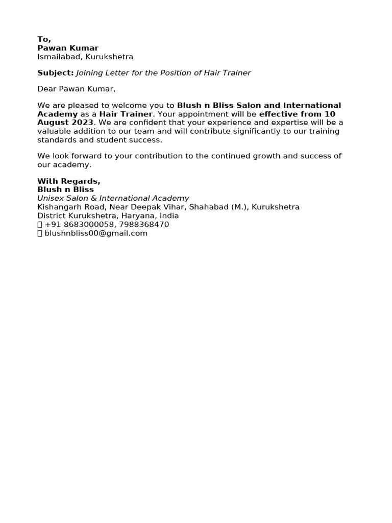 Joining Letter Sample | PDF