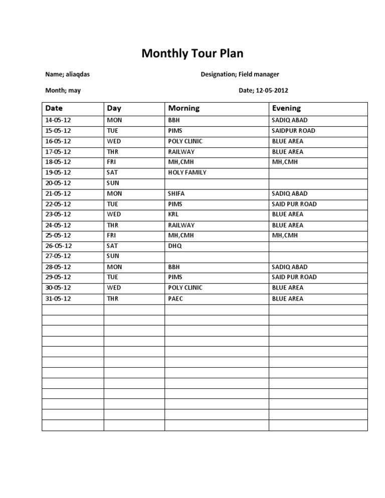 Monthly Tour Plan | PDF