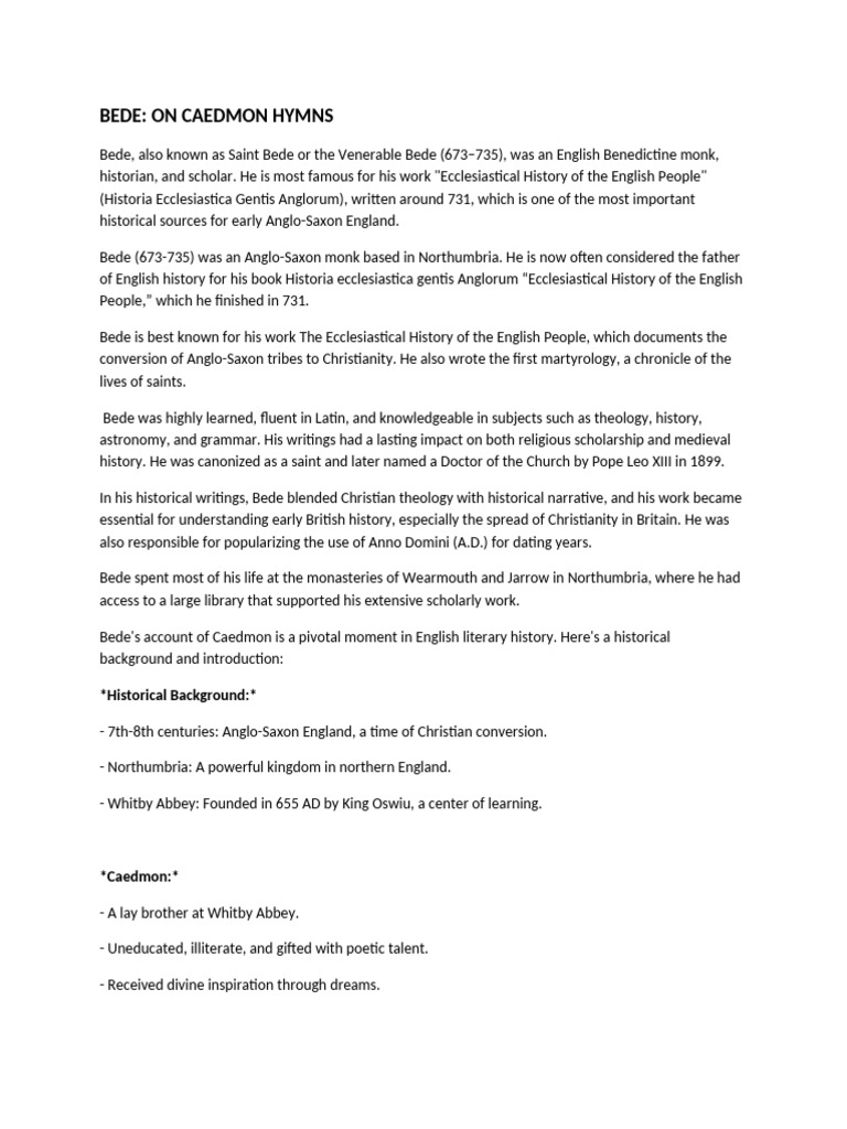Bede - Caedmon Hymns Notes - Wps Office | PDF | Bede