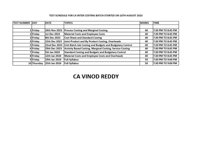 CA Inter Costing Test Schedule 2023 | PDF