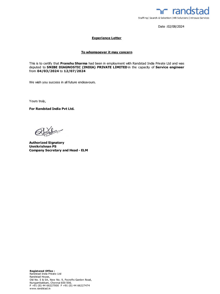 Experience Letter: Date:02/08/2024 | PDF
