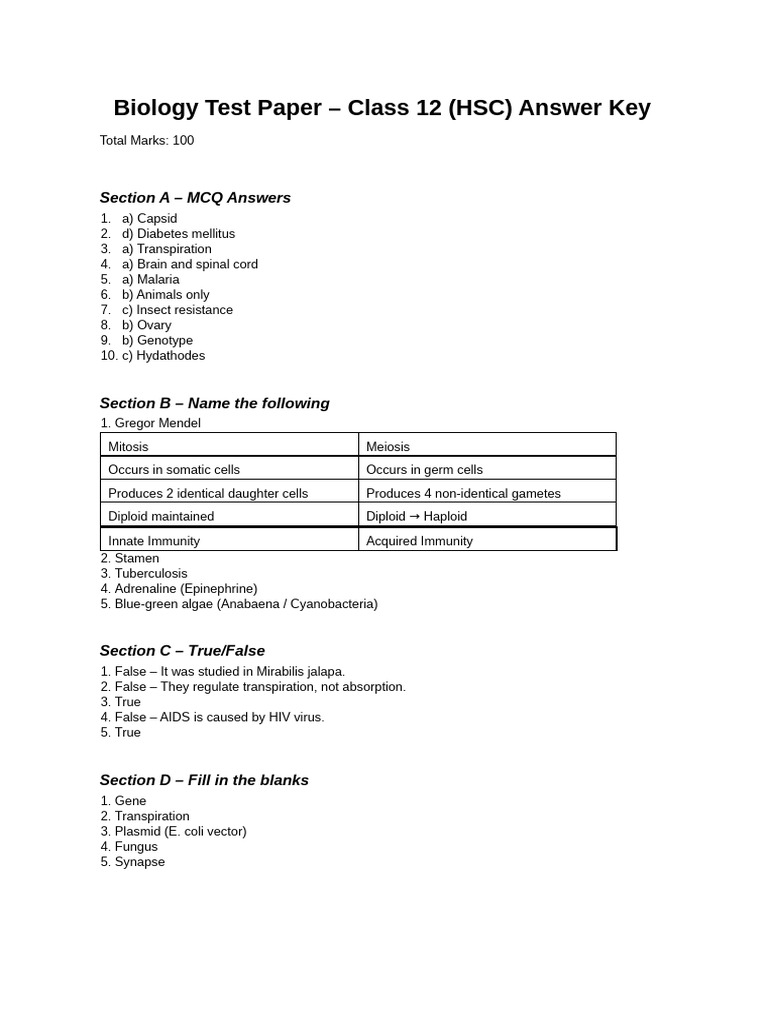 Biology - Test - Paper - Class12 - Answers 111 | PDF | Ploidy | Genetics