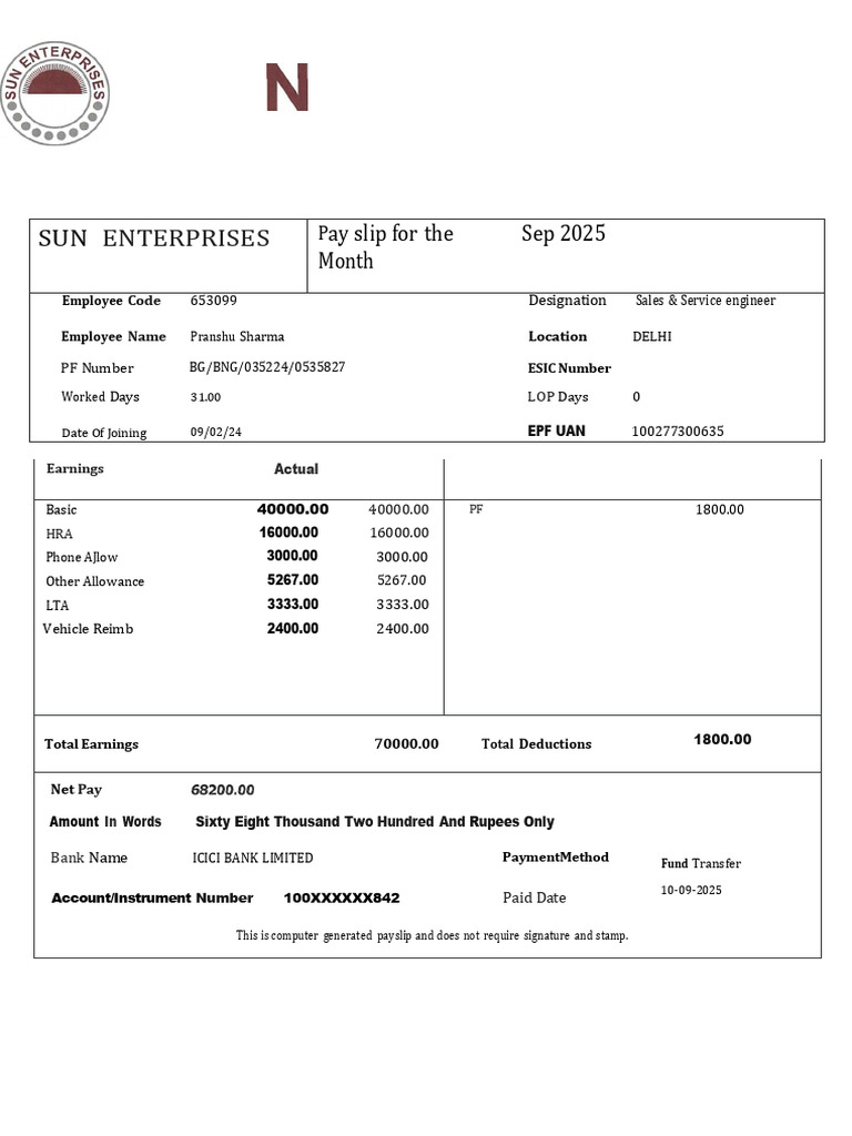 Actual Salary Slip of Sep 2025 | PDF