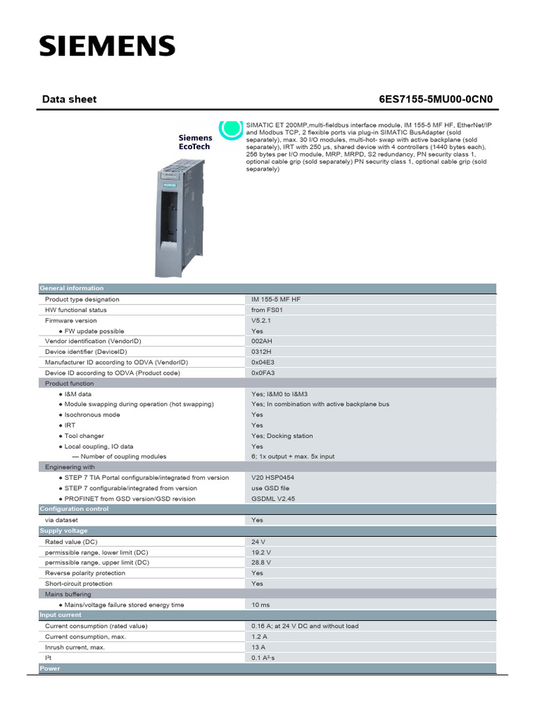 Simatic Et 200mp - Im Datasheet - en | PDF | Physical Layer Protocols ...