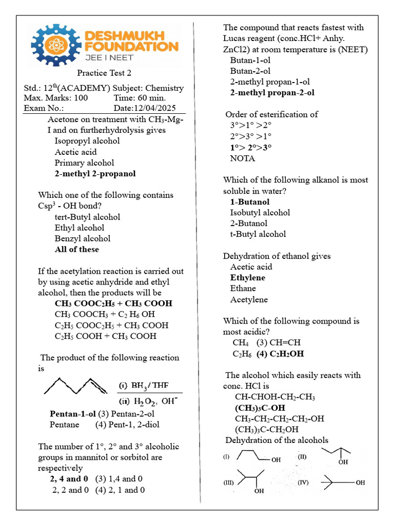 12TH Academy Test 2 Chemistry Answer Key | PDF | Acetic Acid | Chemical ...