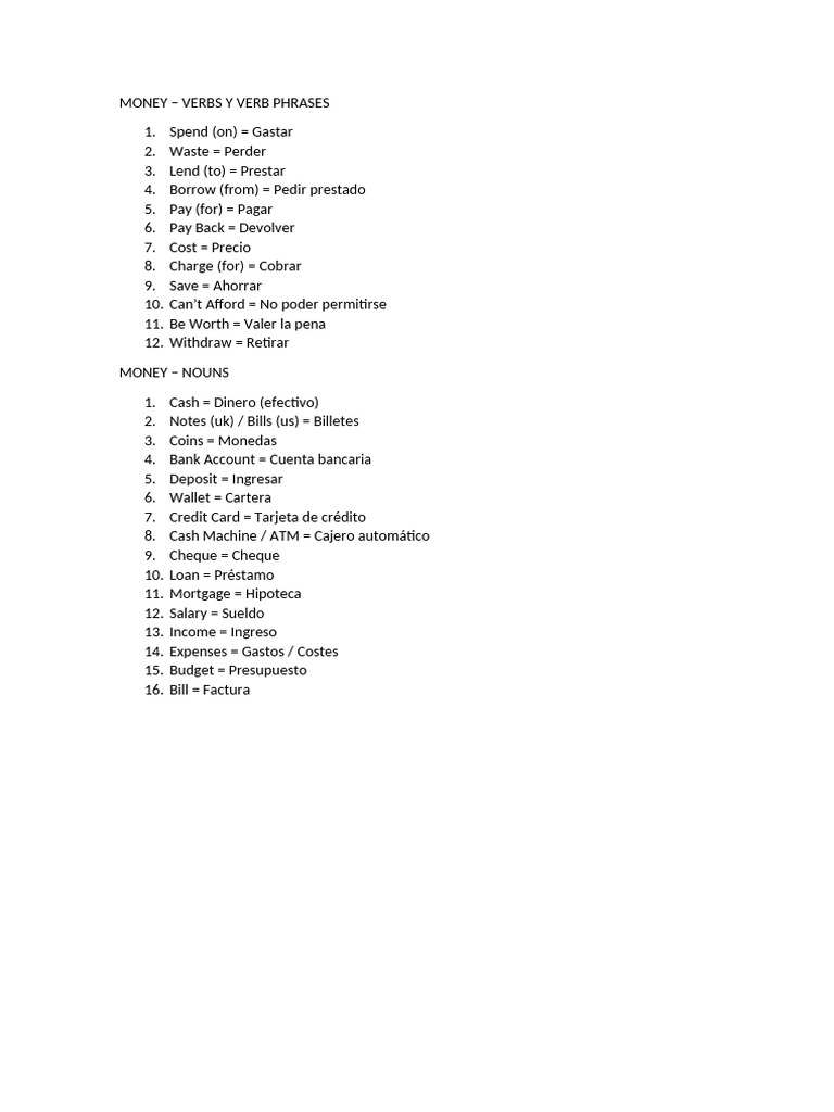 Money Verbs and Nouns in Spanish | PDF
