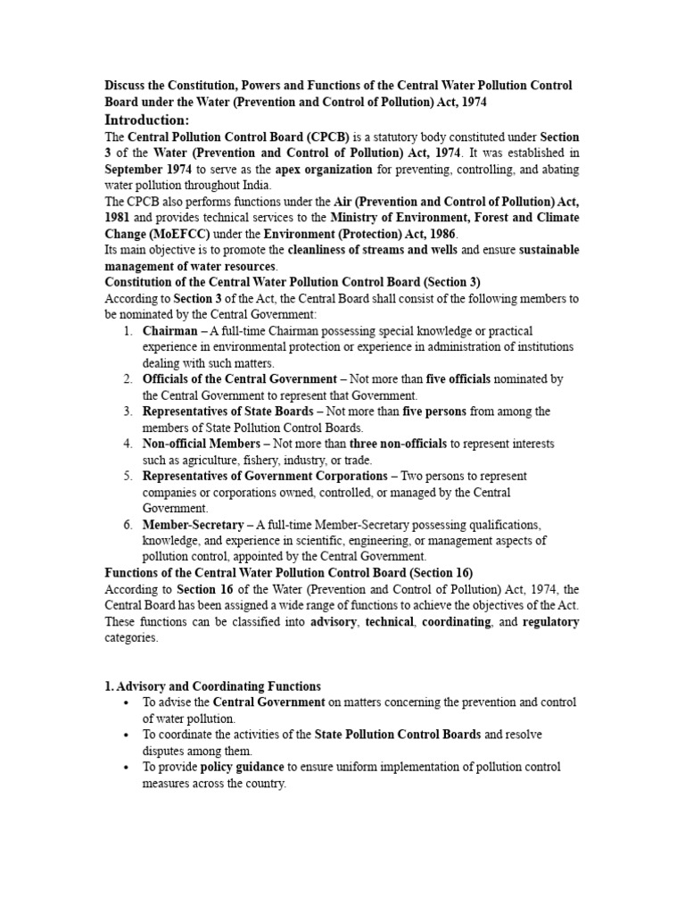 Constitution, Powers and Functions of the Central Water Pollution Control Board Under the Water ...