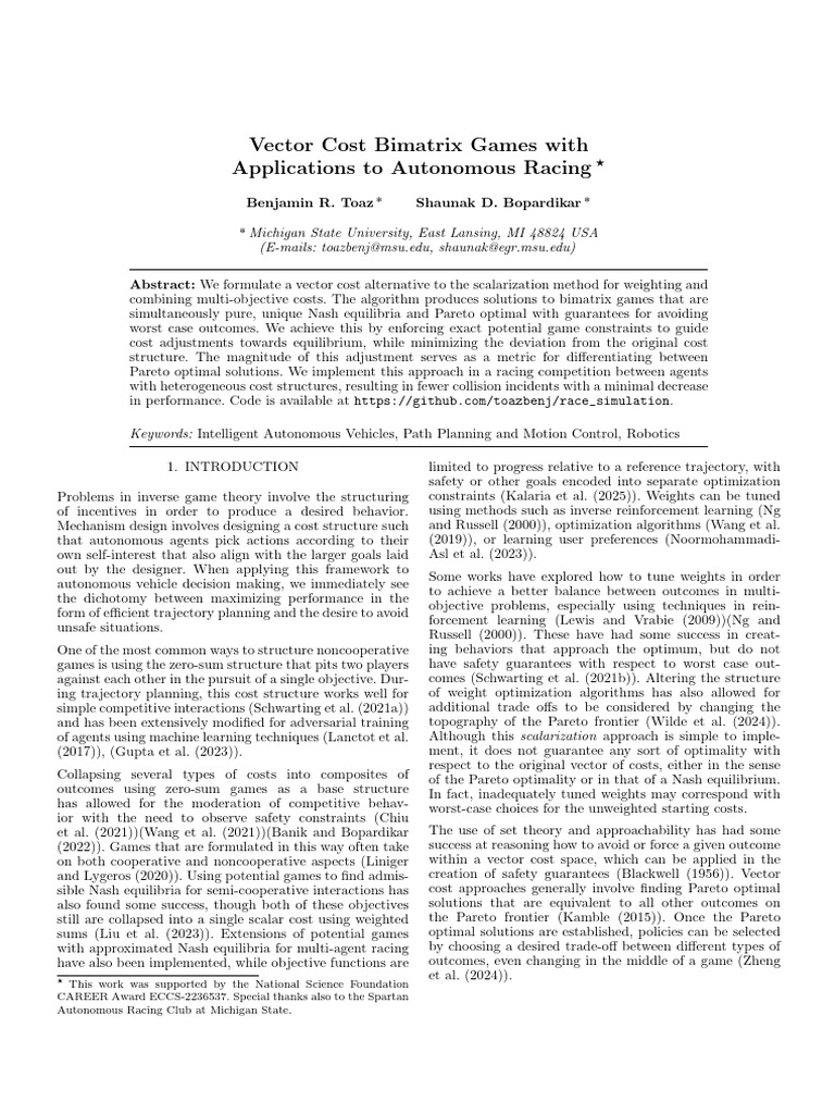 Vector Cost Bimatrix Games With Applications To Autonomous Racing | PDF ...