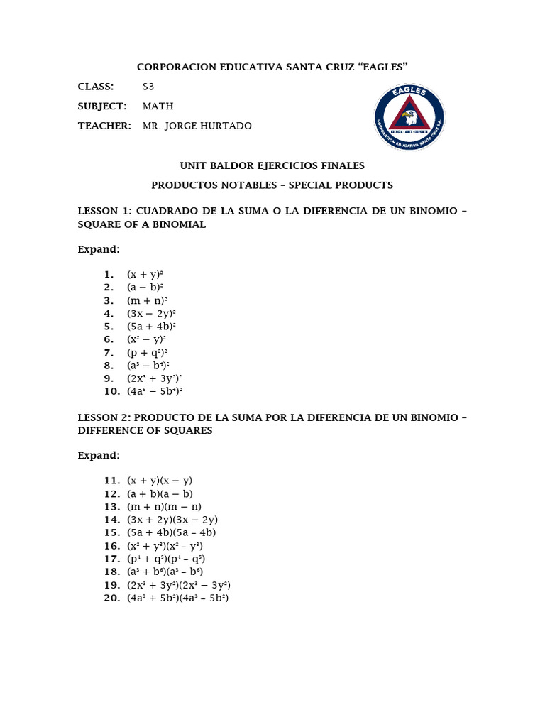 s3 Unit Baldor - Productos Notables - Ejercicios Finales | PDF