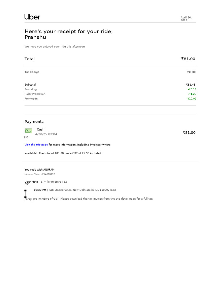 20 April 2025 Uber Bill From Anvt To New Creation Public School | PDF