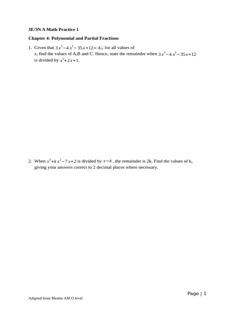 Polynomial Division and Factorization Exercises | PDF