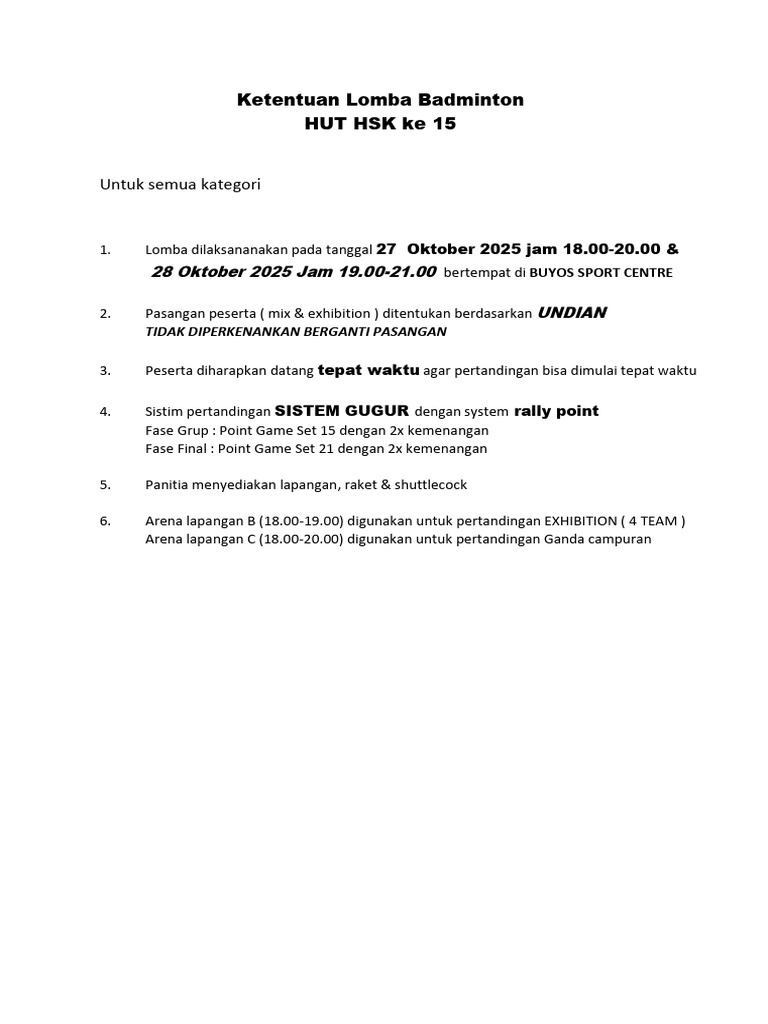 Ketentuan Lomba Badminton HUT HSK 15 | PDF