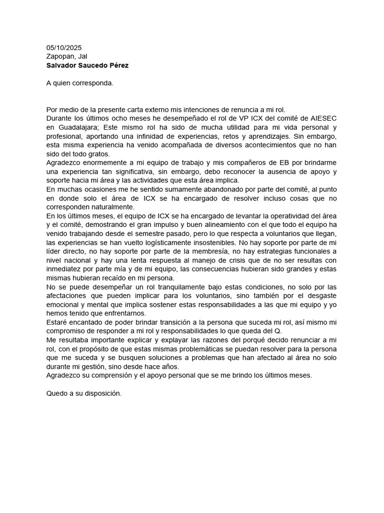 Renuncia de VP ICX en AIESEC Guadalajara | PDF