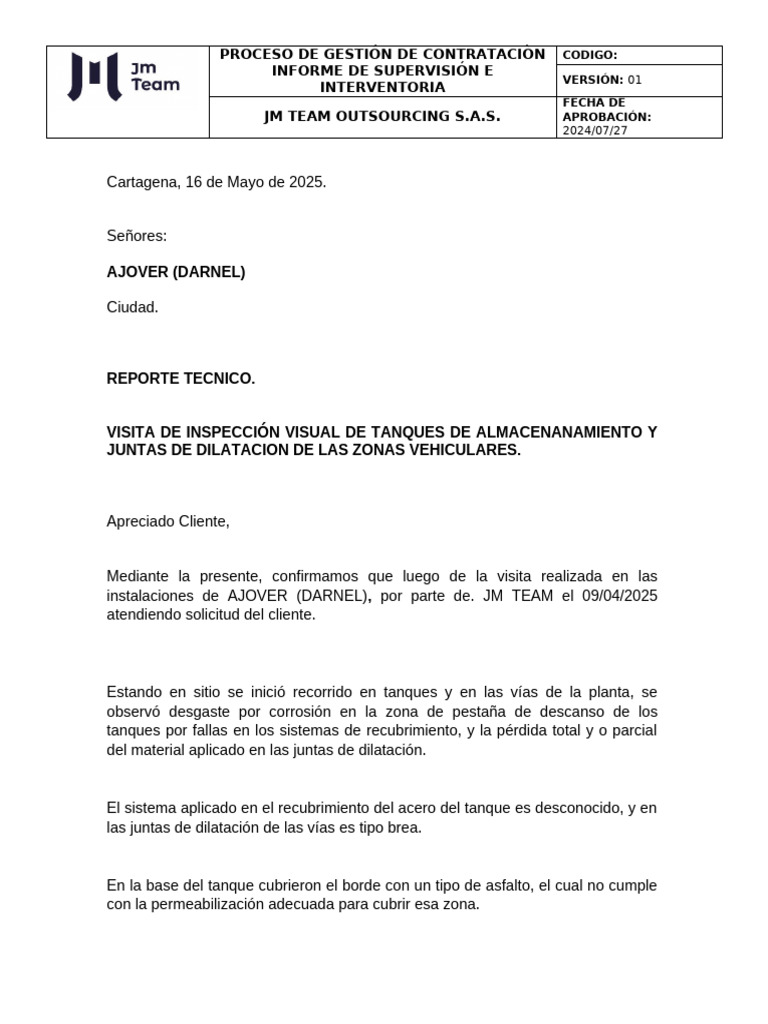 Informe de Inspección de Tanques y Juntas | PDF | Revestimiento