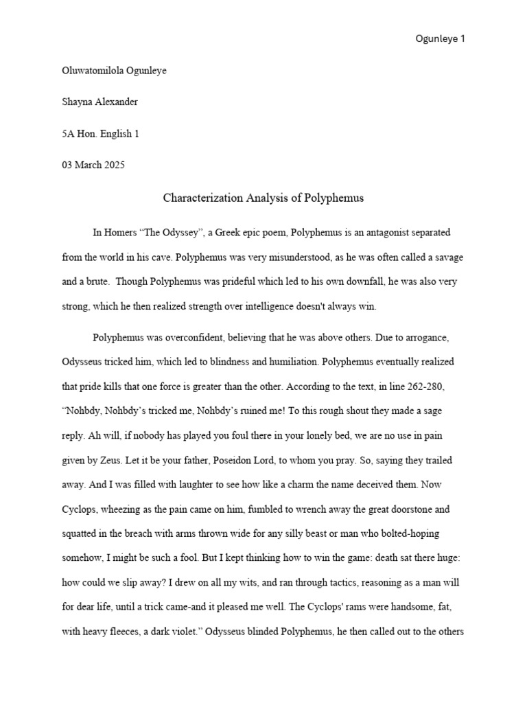 Polyphemus: Pride and Downfall in The Odyssey | PDF | Odysseus | Odyssey