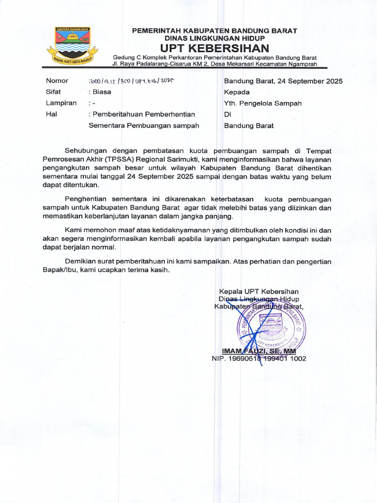 Surat Pemberitahuan Pemberhentian Sementara - 0001 | PDF