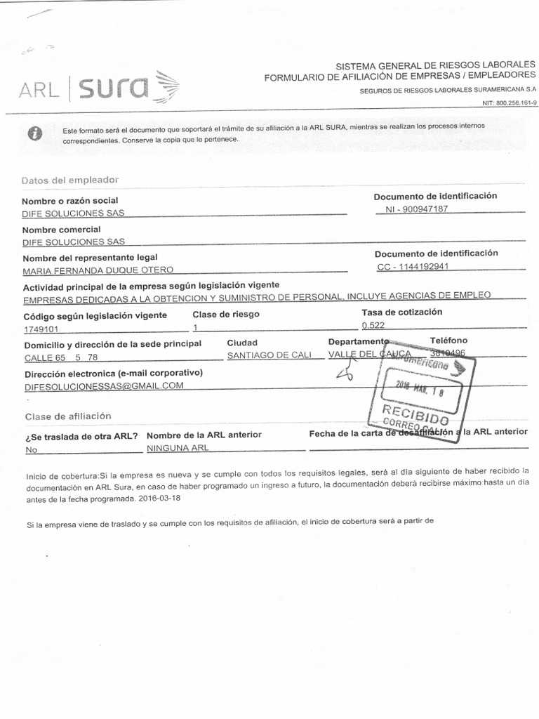 Afiliacion ARL Sura | PDF