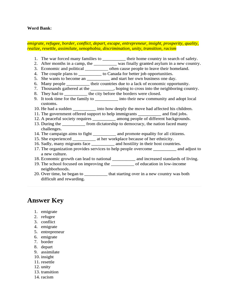 Immigration Vocabulary Word Bank | PDF