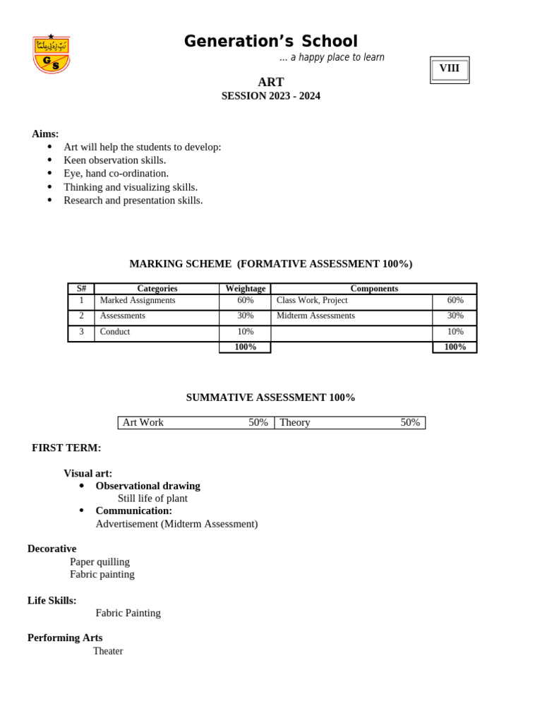 New Art Syllabus 2023-2024 Grade VIII | PDF