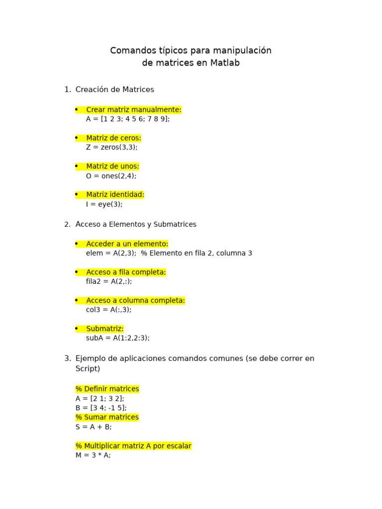 Comandos Manipulación de Matrices en Matlab | PDF
