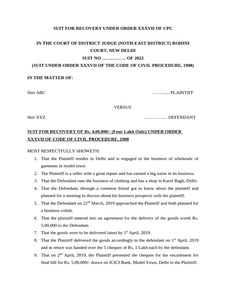 Recovery Suit Under Order 37 CPC | PDF | Lawsuit | Affidavit