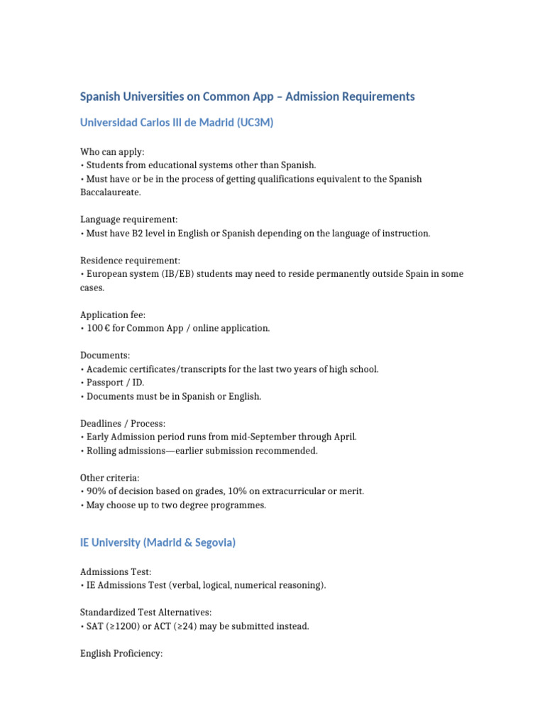 Spanish Universities CommonApp Requirements | PDF