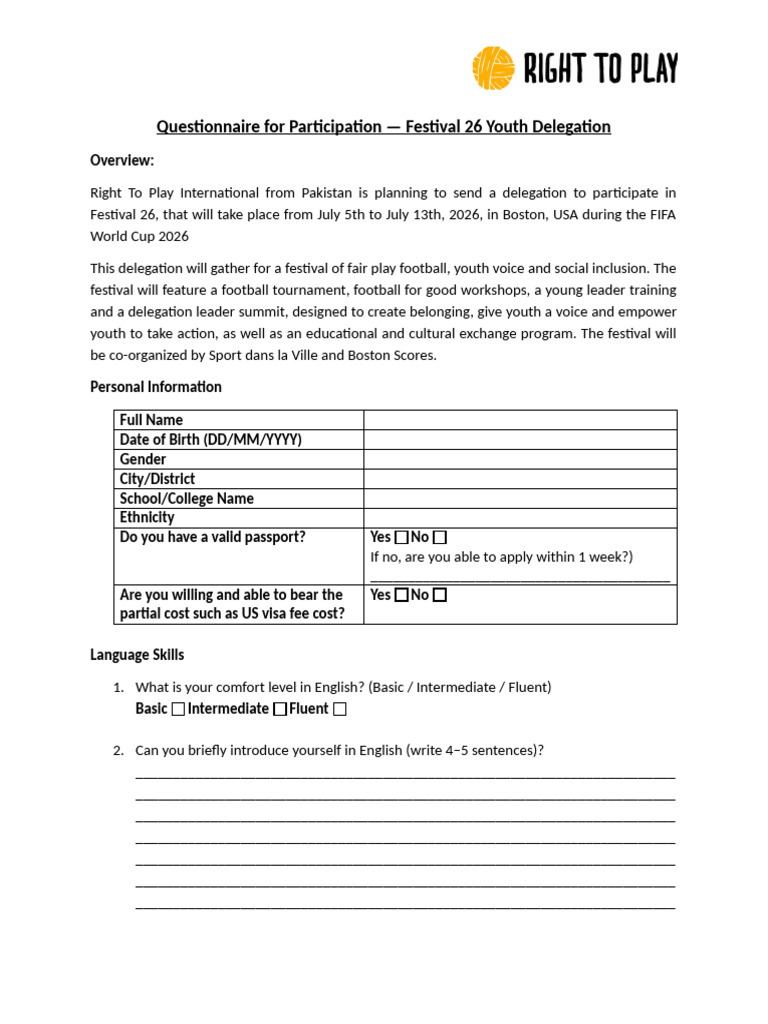 Questionnaire For Participant Selection - Festival 26 | PDF